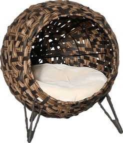 Kočka dům PawHut z ratanového materiálu s polštářem, kočičí doupě s vyvýšenými nohami hnědá Ø52 x 58 cm | Aosom