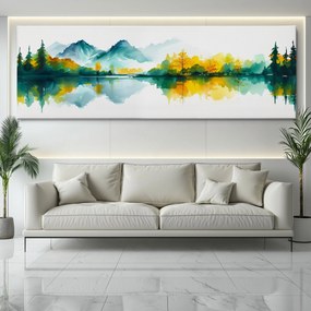 Obraz na plátně - Hory a lesy u jezera Motino FeelHappy.cz Velikost obrazu: 120 x 40 cm