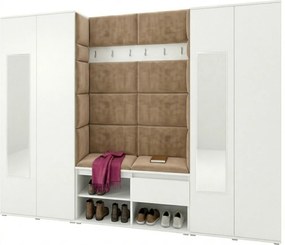 Předsíňová stěna Trinity 10 s čalouněnými panely, 280 cm, bílá / béžová