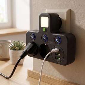 Toolight Toolight, JNH017, zásuvkový rozbočovač 2 zásuvky + 2× USB-A + USB-C s LED světlem, černá, OSW-56308