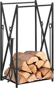 HOMCOM Držák na dřevo do krbu 46x30x76 cm s 4 nástroji, ocelový rám, stabilní nosnost 100 kg pro venkovní i vnitřní použití, černý | Aosom