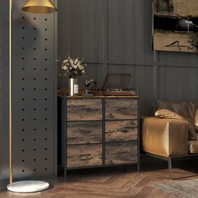 HOMCOM komoda 6 zásuvek | látkové zásuvky a ocelový rám | industriální 79 x 29 x 85 cm, rustikálně hnědá