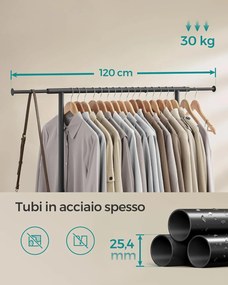 Stojan na oblečení, mobilní úložný stojan na kolečkách, rozměry: 40 x (83-120) x 156 cm, inkoustově černý