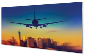 akrylový obraz Velkoměsto oblačnosti letadlo západ 100x50 cm