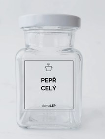 Samolepka na kořenky PEPŘ CELÝ průhledná 5 × 5 cm tučné písmo