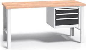Pracovní stůl do dílny G3 se závěsným boxem na nářadí, buková spárovka, 3 zásuvky, pevné kovové nohy, 1500 mm, grafit