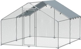 PawHut Venkovní Kurník, 3x3,4x1,9m 10,2m² Zinkem Potahovaný Ocelový Systém pro 10-15 Slepice, Kurník s Voděodolnou Anti-UV Střechou a Zámkem, pro Malá