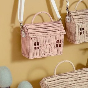 Olli Ella Ratanový košík/kabelka ve tvaru domu - růžová