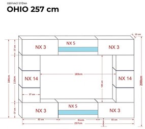 Ral Obývací stěna OHIO 2, 257 cm - Bílý lesk