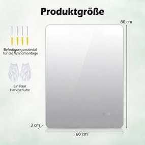 Costway Obdélníkové zrcadlo s LED osvětlením, nástěnné zrcadlo do koupelny
