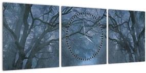 Obraz lesa v mlze (s hodinami) (90x30 cm)