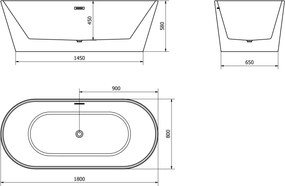 Mexen Luna, volně stojící vana 180 x 80 cm, bílá-černá, broušený grafit přepad, 52031808075-95