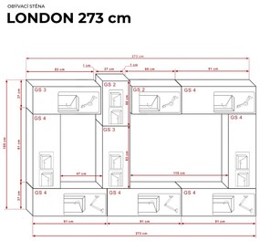 Ral Obývací stěna LONDON 3, 273 cm - Bílo/černý lesk