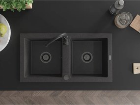 Mexen Mario, granitový dřez 820x436x161 mm, 2-komorový, černá-skvrny s černým sifonem, 6504822000-76-B