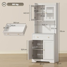 HOMCOM Kuchyňská skříň s pracovní deskou, držákem na vinné sklenice, skladovací skříň do kuchyně a jídelny, 170 cm, MDF, sklo, bílá