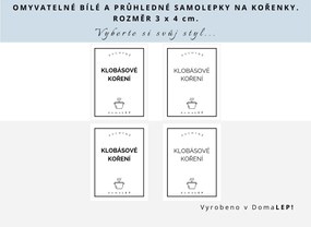 KLOBÁSOVÉ KOŘENÍ - Samolepka na kořenky 3 x 4 cm - DomaLEP varianta: BÍLÁ - základní písmo