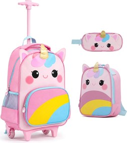 Costway Dětský školní batoh Unicorn s kolečky 3-dílná sada rolovacích batohů