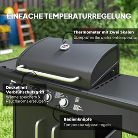 Outsunny Plynový gril 15,2 KW, grilovací vozík včetně 5 nerezových hořáků, kolečka, boční vařič, 129,5 x 56 x 110 cm, černá