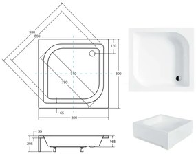 Besco Ares čtvercová vysoká sprchová vanička Rozměr vaničky: 80x80cm