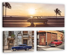 Postershop Obraz na plátně: Havana auto u moře - set 1ks 80x30 cm a 3ks 37,5x24,8 cm