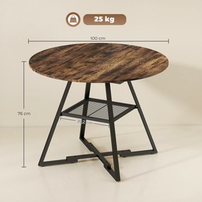 HOMCOM kulatý jídelní stůl pro 4, průměr 100 cm × výška 76 cm, industriální, velká deska a odkládací police, kovový rám, rustikální hnědá