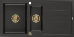 Mexen Andres, granitový dřez 1000x500x200 mm, 1,5-komorový, černá se zlatou metalízou a zlatým sifonem, 6515101510-75-G