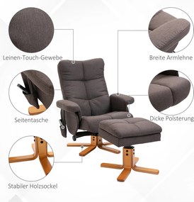HOMCOM Relaxační křeslo s podnožkou, úložný prostor, elektrické masážní křeslo s funkcí lehátka, otočné televizní křeslo s boční kapsou, dálkové ovlá…