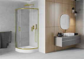 Mexen Rio, čtvrtkruhový sprchový kout 70(dveře)x70(dveře)x190 cm, 5mm čiré sklo, zlatý profil + bílá sprchová vanička RIO, 863-070-070-50-00-4710