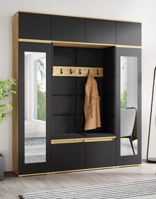 Sestava nábytku do předsíně Emi 32 se zrcadly a čalouněnými panely – barva dub artisan/černá