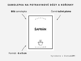 ŠAFRÁN - omyvatelná samolepka na kořenky, výběr rozměrů Ø 5 cm / 5 x 5 cm / 6 x 8 cm | DomaLEP tvar: KOLEČKO, barva: BÍLÁ - ČERNÉ písmo, velikost: Ø 5 cm - tučné písmo