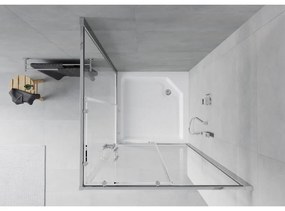 Mexen Rio, čtvercový sprchový kout s posuvnými dveřmi 90 x 90 cm, 5mm čiré sklo, chromový profil + bílá vysoká sprchová vanička Rio, 860-090-090-01-00-4510