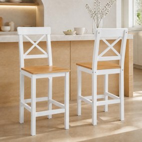 HOMCOM Set 2 Barových Židlí Vysoký Sedák 60,2 cm Dřevěné Kuchyňské Židle s Opěrkou a Podnožkou Nosnost 120 kg pro Jídelnu a Obývací Pokoj Přírodní a …