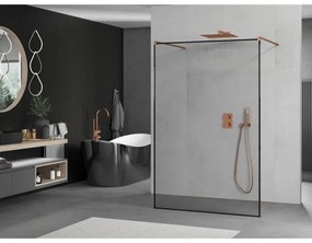 Mexen Kioto, průchozí sprchová zástěna 100 x 200 cm, 8mm sklo čiré/černý vzor, 2x růžové zlato stabilizační rozpěra, 800-100-002-60-70