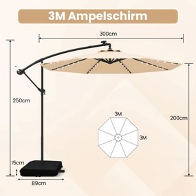 Costway Ø 300 cm konzolový deštník se 40 solárními LED světly a pytli s pískem