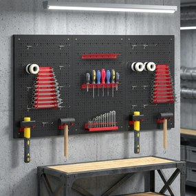 HOMCOM nástěnný pegboard 3×60 × 40 cm, 28dílný držák nářadí s háčky a přihrádkami, černá/červená