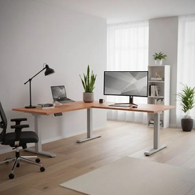 Výškově nastavitelný stůl OfficeTech Angle, 180 x 200 cm, šedá podnož, třešeň