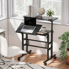 HOMCOM sedací‑stojací stůl výškově nastavitelný 70 x 60 cm na kolečkách s naklápěcí deskou, černý kovový rám