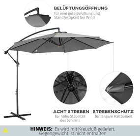Outsunny slunečník na kliku s ocelovou konstrukcí a polyesterovou tkaninou šedý Ø2,95x2,45m na zahradu terasu balkon |