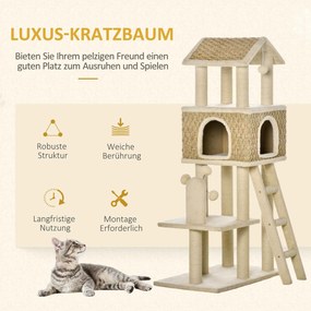 PawHut škrabadlo velký kočičí strom 130 cm, s jeskyní pro kočky a míčky na hraní, jutové kmeny, khaki+béžová, dřevotřískový plyš| Aosom
