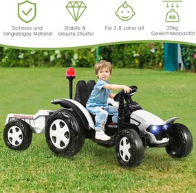 Costway Traktor na hraní s přívěsem pro děti 12 V pojízdný traktor, bílý