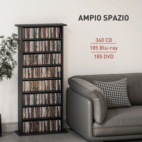 HOMCOM Knihovna s 8 policemi pro 360 CD s moderním designem, CD regál z dřevotřísky, 58x24x124,5 cm, černá