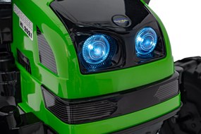 Ramiz Dětský bagr-traktor na baterie zelený + pohyblivé rameno s lžící + dálkové ovládání + pomalý start + FM rádio + LED