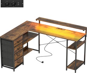 HOMCOM Herní stůl ve tvaru L s elektrickou zásuvkou, LED osvětlením, 4 zásuvkami, stojanem na monitor, 155x110x91,4 cm, hnědý