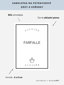FARFALLE  – bílá samolepka na dózu, základní písmo, 6 x 8 cm | DomaLEP