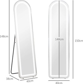 HOMCOM Zakřivené celotělové zrcadlo s LED, 3 nastavitelná světelná režimy, funkce paměti, 150 x 40 cm, stříbrné