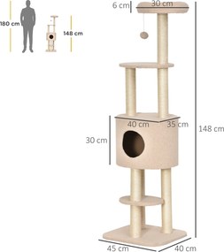 PawHut Kočičí škrabadlo Výška 148 cm Kočičí věž se sisalovými sloupky 3 platformy Dům a zavěšená kulička Béžová