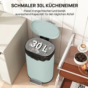 HOMCOM 30 l pedálový odpadkový koš s tichým dovíráním víka, funkcí zajištění otevření, vyjímatelným vnitřním kbelíkem, zelený (36,5 × 31 × 61 cm)