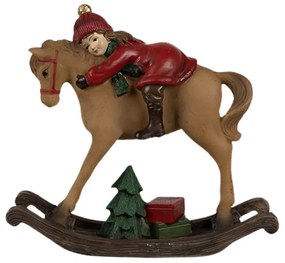 Dekorativní figurka hnědý houpací koník s holčičkou ve vánočním svetru 19x8x26 cm