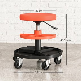 HOMCOM Pojezdný pracovní stolička, mechanická stolička s nastavitelnou výškou 40-51 cm, 2 odkládací plochy na nástroje, otáčecí sedadlo s max. zatíže…