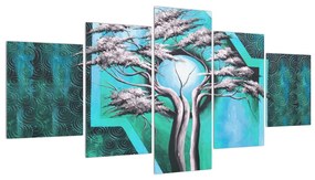 Orientální modrý obraz stromu a slunce (150x80 cm)